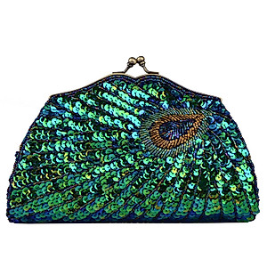BAGLAMOR Women Full Shining Sequins Handbag Beaded Peacock Embroidery Clutch Purse Evening Bag
