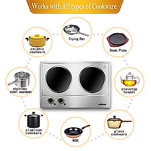 CUSIMAX 1800W Ceramic Electric Hot Plate for Cooking, Dual Control Infrared Cooktop, Portable Countertop Burner, Glass Plate Electric Cooktop, Silver, Stainless Steel-Upgraded Version