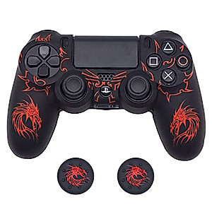 Skin for PS4 Controller, BRHE Anti-Slip Grip Silicone Cover Protector Case Compatible with PS4 Slim/PS4 Pro Wireless/Wired Gamepad Controller with 2 Dragon Carving Thumb Grip Caps