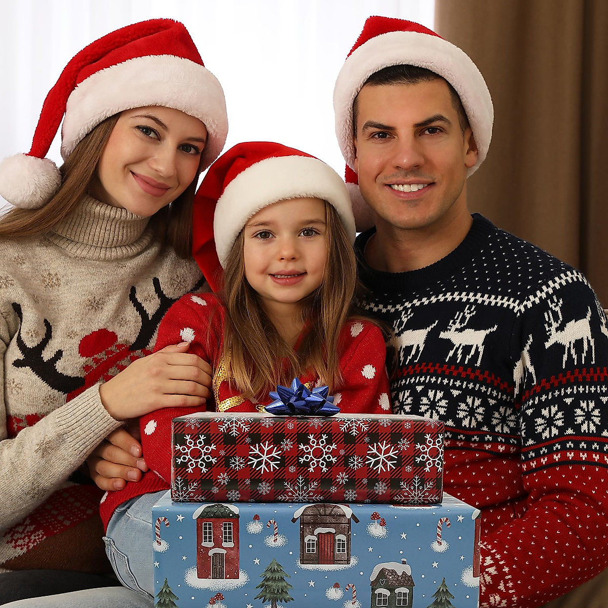 BULKYTREE Christmas Wrapping Paper for Kids Boys Girls Man Women Holiday Party. 6 Large Sheets Gift Wrap 3 Vintage Designs, Red & Black Plaid with Snowflake, Pine and Gifts,26.7 Inch X 37Inch