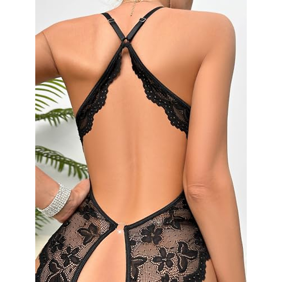 SOLY HUX Lingerie for Women Floral Lace Scallop Trim Teddy Lingerie Bodysuit Babydoll Plain Black L