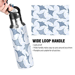 Dussdil Stingray Fishes Water Bottle Kid's Vacuum Insulated Tumblers Stainless Steel Cup BPA Free with Handle Straw Lid for Boys Girls Gifts 20 Oz