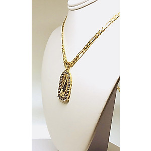 Gold Plated Virgin Mary Pendant Necklace Figaro 26" Virgen de Guadalupe Medalla Oro Laminado