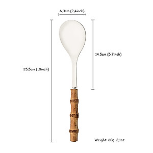 Natural Bamboo Handle Serving Spoons Set of 6, Large Size Stainless Steel Dinner Buffet Catering Banquet Serving Spoons, 10.0" Silver Big Ladle Tablespoons for Home, Family Serving Utensils