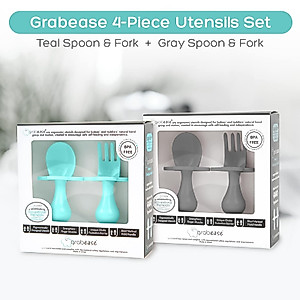Grabease Baby Spoons Toddler Utensils Toddler Silverware Baby Utensils, BPA-Free & Phthalate-Free for Baby & Toddler, 2 Sets, Teal and Gray