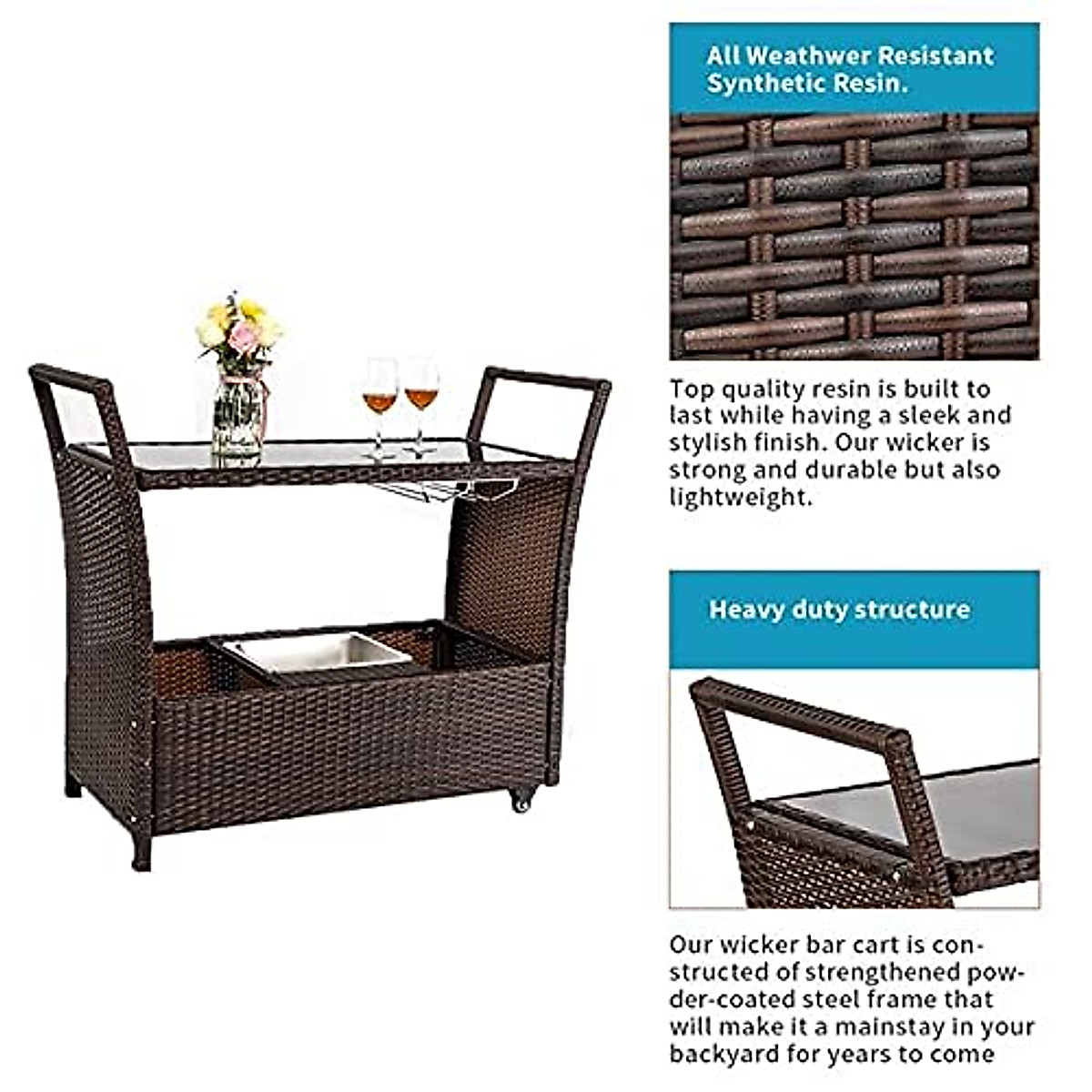 LIRUXUN Outdoor Patio Furniture Set Outdoor Patio Wicker Rattan Serving Bar Cart with Ice Bucket Wine Rack Brown
