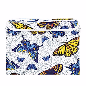 innewgogo Blue Yellow Butterflies Storage Bins with Lids for Organizing Dust-proof Storage Bins with Handles Oxford Cloth Storage Cube Box for Living Room