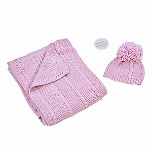 First Steps Baby Blanket and Beanie Set, Baby Girl Blanket Wrap, Infant Infant Travel Blanket and Cap with Wooden Hanger Included, Light Pink, 0-6 Months
