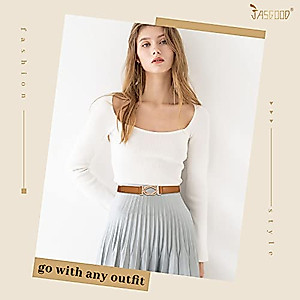 JASGOOD 2 Pack Women Skinny Elastic Belt for Dresses Thin Retro Stretch Ladies Waist Belt with Gold Buckle, A-Black+Brown, Fit Waist Size 31”-36”