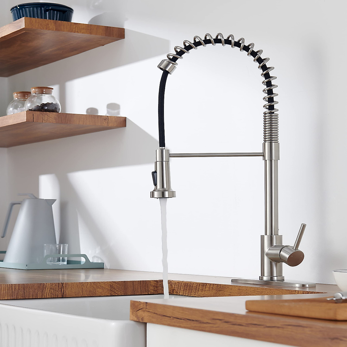 Modern Pull Down Single Handle Kitchen Faucets with Supply Lines and Deck Plate, Brushed Nickel