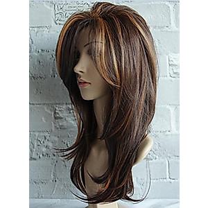 wigbuy Long Layered Shoulder Length Brown with Camel color Highlight wig Synthetic Hair Fiber Highlight Multicolor Wigs for White Women