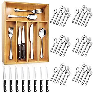 Teivio Silverware Set, Flatware Set Mirror Polished, Dishwasher Safe Service for 6, Include Knife/Fork/Spoon with Bamboo 5-Compartment Silverware Drawer Organizer Box (36 piece, Silver)