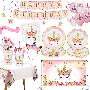 Ultimate Unicorn Birthday Decorations for Girls with Backdrop and Hanging Swirls, Plates and Napkins Party Supplies Serves 16