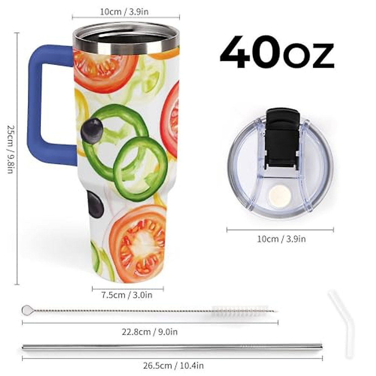 Sliced ​​Pepper Tomato Onion 40oz Water Bottle Double Wall Insulated Tumbler with Handle Leakproof Travel Mug Deep Blue-style