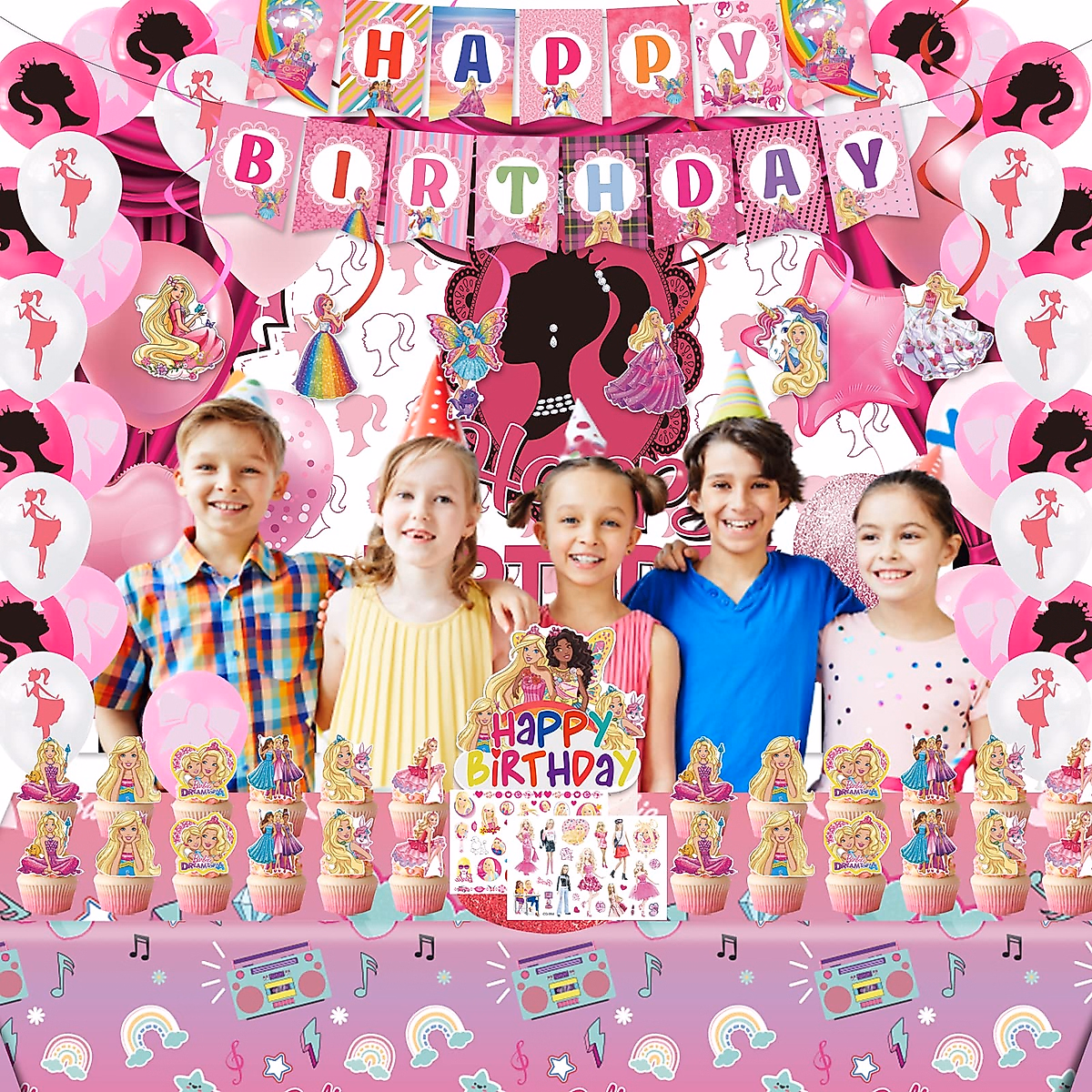 Pink Birthday Party Supplies, 60 Pcs Barbii Birthday Party Decorations Include Banners, Cake Topper,Cupcake Topper,Latex Balloon,Backdrop, Tablewares, Temporary Tattoo Stickers for Girls