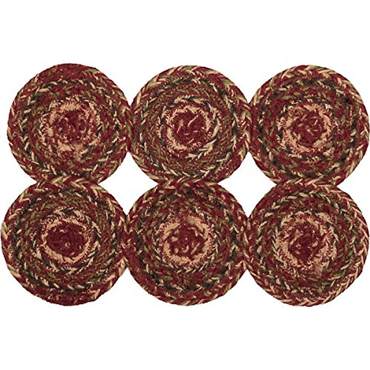 VHC Brands Cider Mill Striped Textured Jute Primitive Tabletop Kitchen Round Coaster Set of 6, Burgundy Red