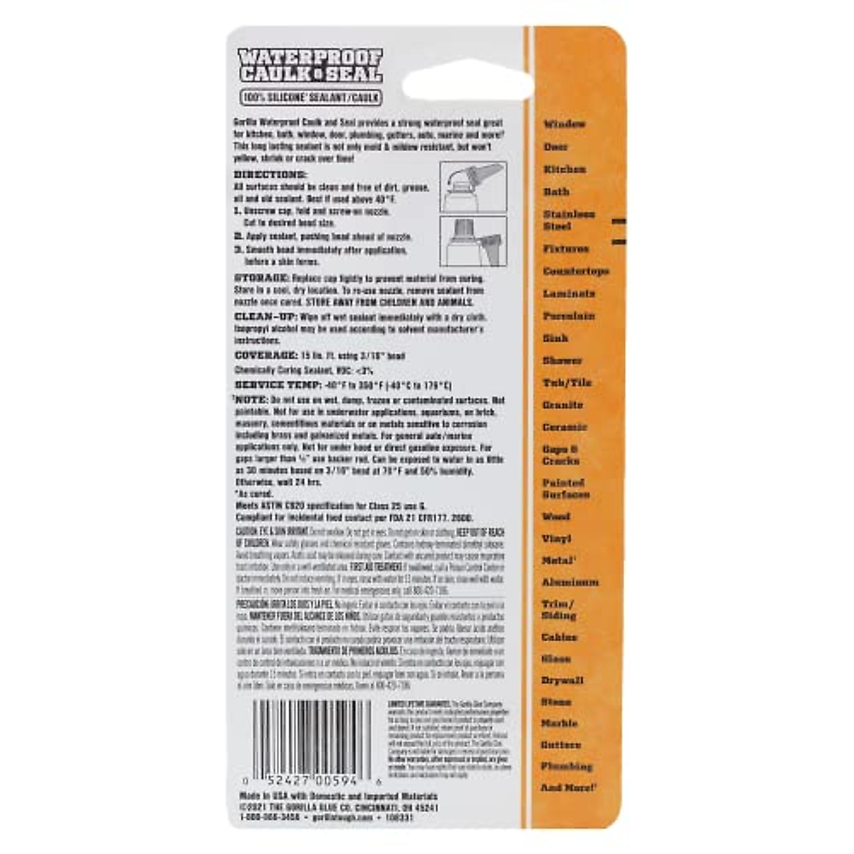 Gorilla Waterproof Caulk & Seal100% Silicone Sealant, 2.8oz Squeeze Tube, White (Pack of 1)