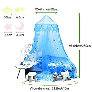 Glamorstar Bed Canopy for Girls Princess Mosquito Net Glow in The Dark Stars and Moon Crib Hanging Tent Bedroom Decor Gift for Kids Blue