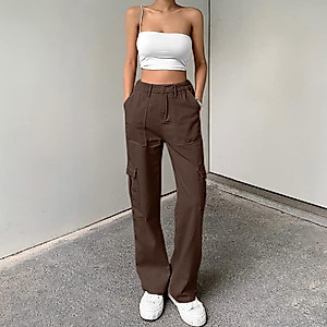 Lepunuo Cargo Pants Women Baggy High Waisted Y2K Wide Leg Boyfriend Streetwear Dark Brown