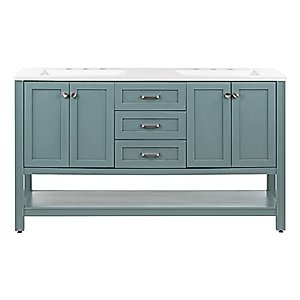 Spring Mill Cabinets Eaton Double Bathroom Vanity with 2 Cabinets, 3 Drawers, Open Shelf, Sink, 60.25" W x 18.75" D x 35.41" H, Sage/White Top