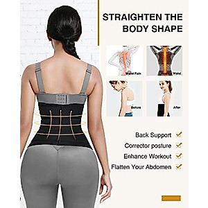 FeelinGirl womens Neoprene Waist Trainer 3 Straps Tummy Control Workout Corset Cincher Long Torso Trimmer Sauna Belt, Black, Medium