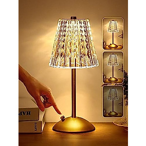 One Fire Table Lamps, Dimmable Crystal Table Lamp 3 Colors LED Gold Lamp,Touch Lamp Diamond Crystal Lamp, Rechargeable Small Lamp, Cordless Lamp Vintage Lamp for Bedroom Living Room Bathroom Hotel Bar