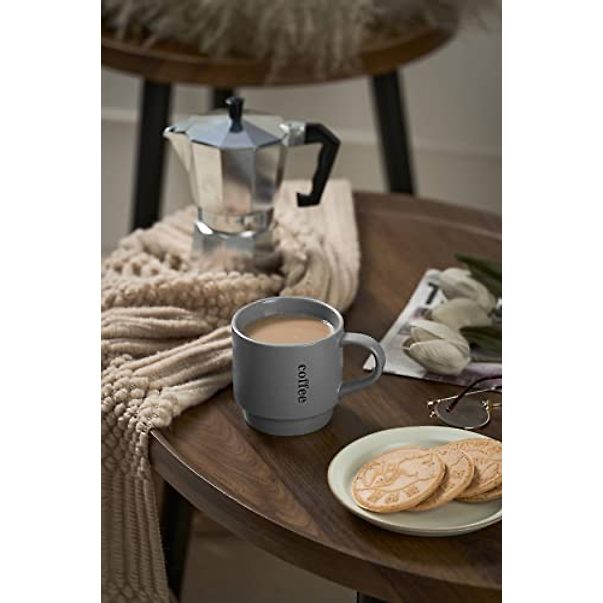 LAUCHUH Stackable Coffee Mug Set with Rack - 15 Ounce Porcelain Coffee Mugs for Coffee, Tea, Cocoa, Milk, Set of 4, Grey