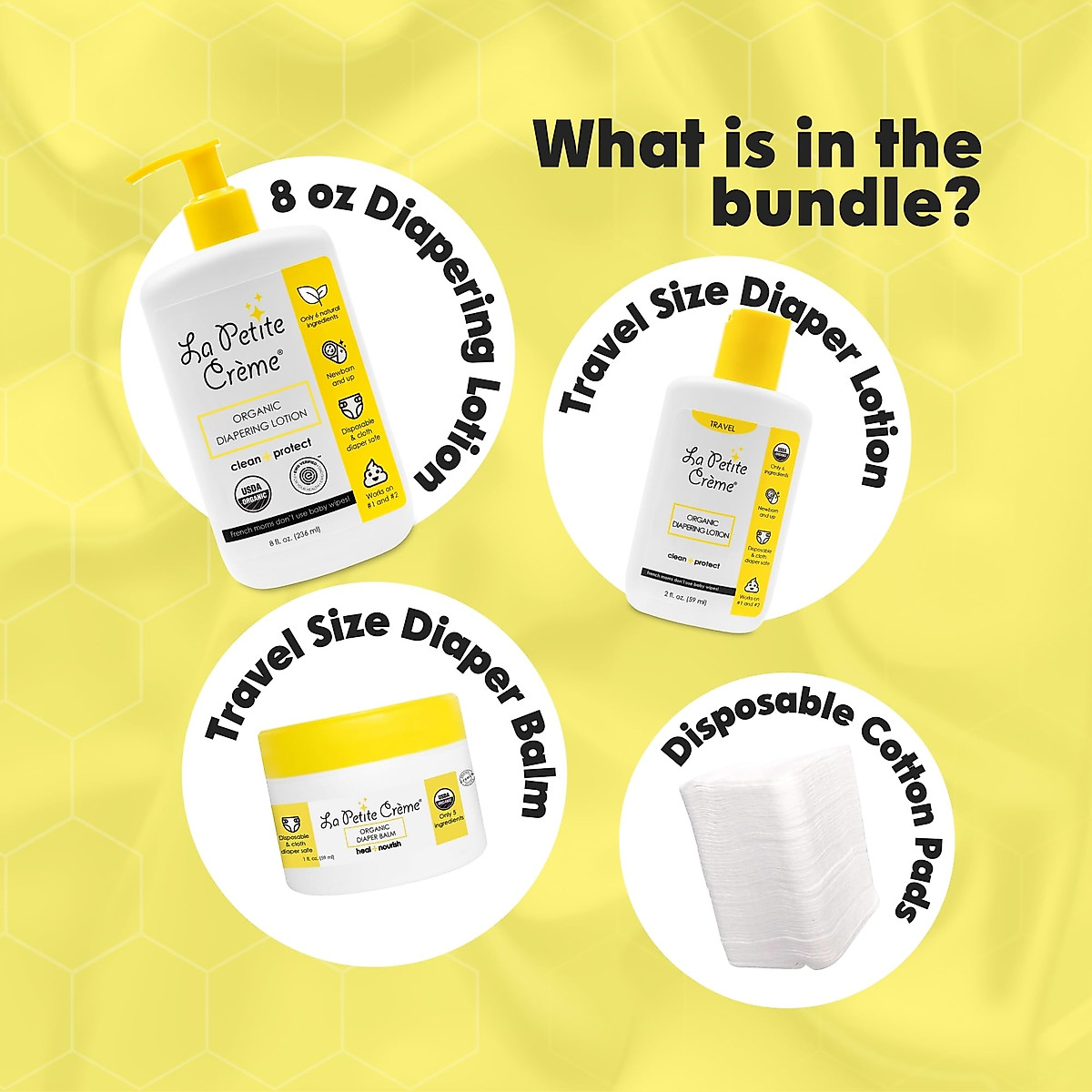 La Petite Creme Premium French Diapering Gift Set: Includes Organic Diapering Lotion (8 oz), Travel-size Liniment Baby Lotion (2 oz), 1 Travel-size Diaper Balm (1 oz), 50 Disposable Cotton Pads