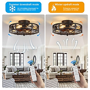 MeZeYo 20" Caged Farmhouse Flush Mount Ceiling Fan with Light and Remote Control Bladeless Low Profile Ceiling Fans with Lights Enclosed Vintage Fan 6 Speed Reversible for Kitchen, Bedroom