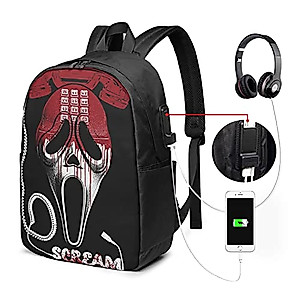 Halloween Horror Movie Ghost-Face Laptop Backpack with USB Charging Port, 17 Inch, Unisex, Adjustable Shoulder Strap Backpack, Travel Backpack, Business Backpack, School Computer Bag for Women & Men