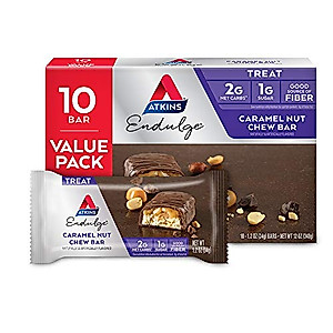 Atkins Endulge Caramel Nut Chew Bar, Dessert Favorite, 1g Sugar, Good Source of Fiber, Low Sugar, 10 Count
