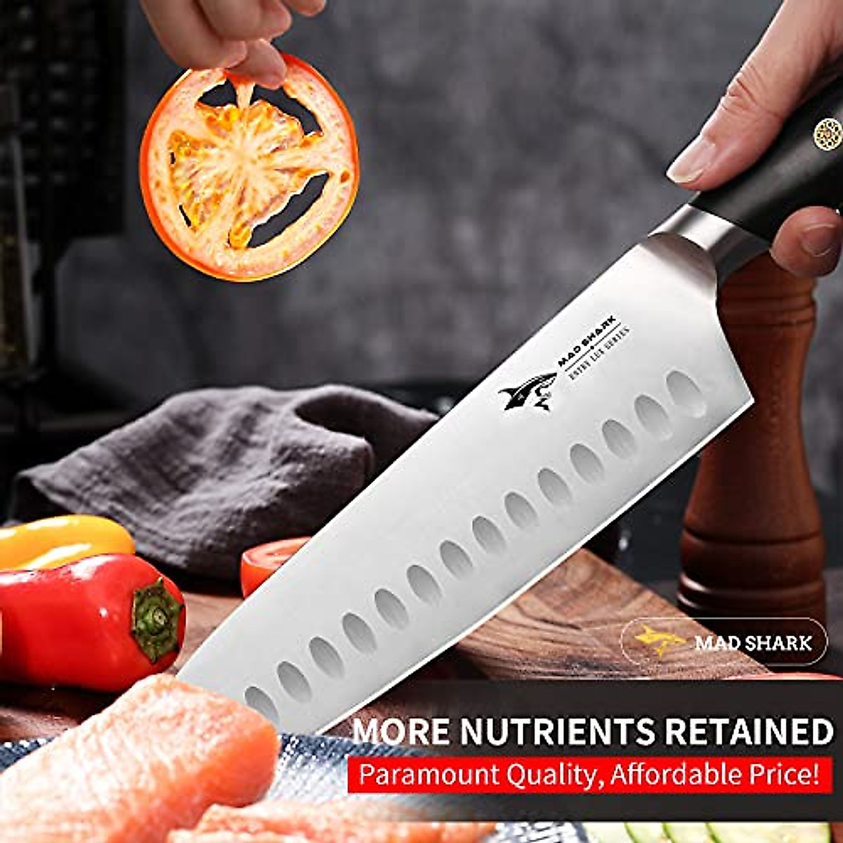 MAD SHARK Chef Knife, Professional 8 Inch Santoku Knife, Made of German High Carbon Stainless Steel, Non-stick Ultra Sharp Kitchen Knife with Ergonomic Handle, Finger Guard and Gift Box