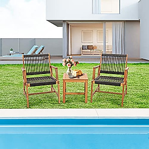Tangkula 3 Pieces Acacia Wood Outdoor Furniture Set, All-Weather Rope Woven Bistro Set with Armchairs and Coffee Table, Patio Conversation Set for Front Porch, Deck, Balcony