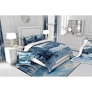 Castle Fairy Snow Mountain Bedding Set,3D Cedar Printed Duvet Cover for Kids Teen Boys Girls,Snow Scene Comforter Cover Decorative Room,Winter Nature Quilt Cover with 2 Pillowcases,King Size