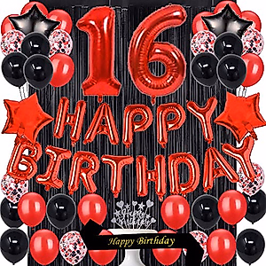 Fancypartyshop 16TH Birthday Party Decorations Supplies Red Black Later Balloons Happy Birthday Cake Topper Sash Foil Black Curtains Foil Star Balloons Number Red 16