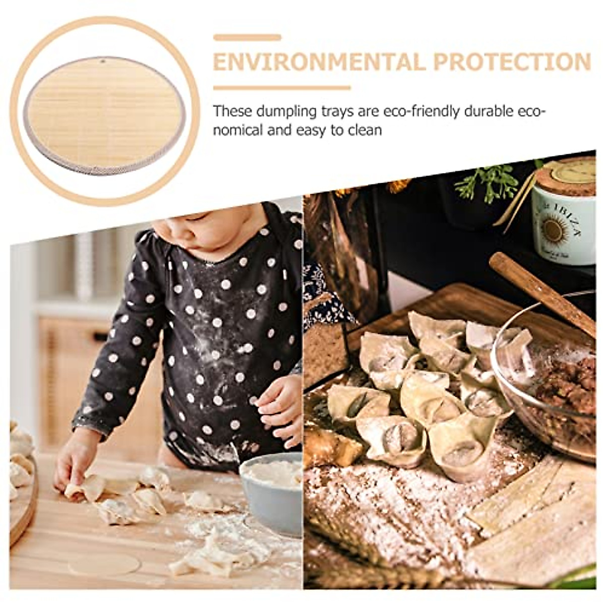 2Pcs Bamboo Dumpling mat Wood Serving Tray Round Dumpling Serving Platter Coffee Table Serving Tray Handmade Rattan Food Tray for Chinese Dumplings mat Kitchen Bamboo Steamer Liner (Khaki)