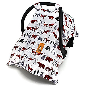 Dear Baby Gear Car Seat Canopy, Woodland Adventure Bear Moose Plaid, Minky Grey