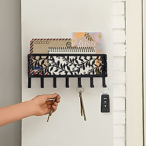 WYTAOHZL Key Holder for Wall Mail and Key Holder for Wall with 7 Key Hooks 11X4.6X2Inches Eucalyptus Design Mail Organizer Wall Mount Key Holder Black Metal Key Hooks Key Hangers for Home Decorative