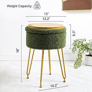 Round Storage Ottoman Foot Rest, Green Ottoman Faux Teddy Fur Vanity Stool with Gold Legs, Coffee Table Top Tray, Modern Ottoman with Storage, Makeup Footstool Vanity Chair for Living Room, Bedroom