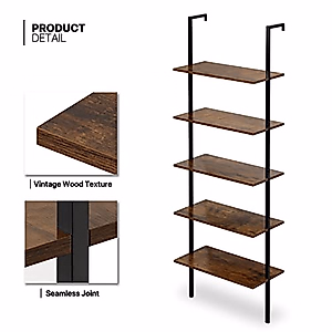 MoNiBloom 5-Tier Bookshelf Wall Mounted, 72 Inches Ladder Shelf with Metal Frame for Living Room Decor and Storage, Rustic Brown