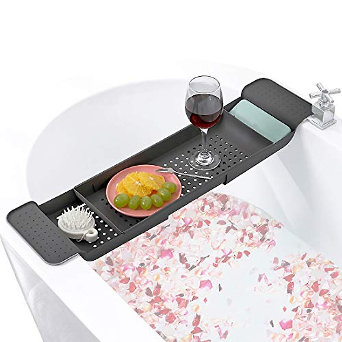 Expandable Bath Shelf Bathtub Caddy Tray Adjustable Plastic Shower Organizer Trays Extending Home Bathroom Sides Bath Tub Caddy Tray Rack Soap Shower Storage Kitchen Wine Tray Holder SPA Ttray (Gray)