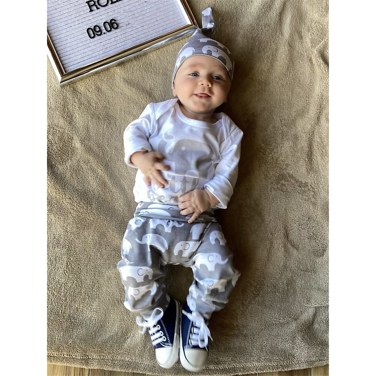 Siracend Newborn Infant Baby Boy Clothes Elephant Print Long Sleeve Bodysuit + Pants + Hat 3 PCS Outfits Set (0-3 months) White