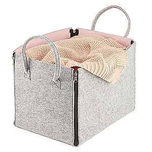 mDesign Soft Felt Cube Bin Box with Zipper - Attached Handles - Storage for Closet, Bedroom, Furniture Shelving Units - Textured Print - Light Pink/Light Gray