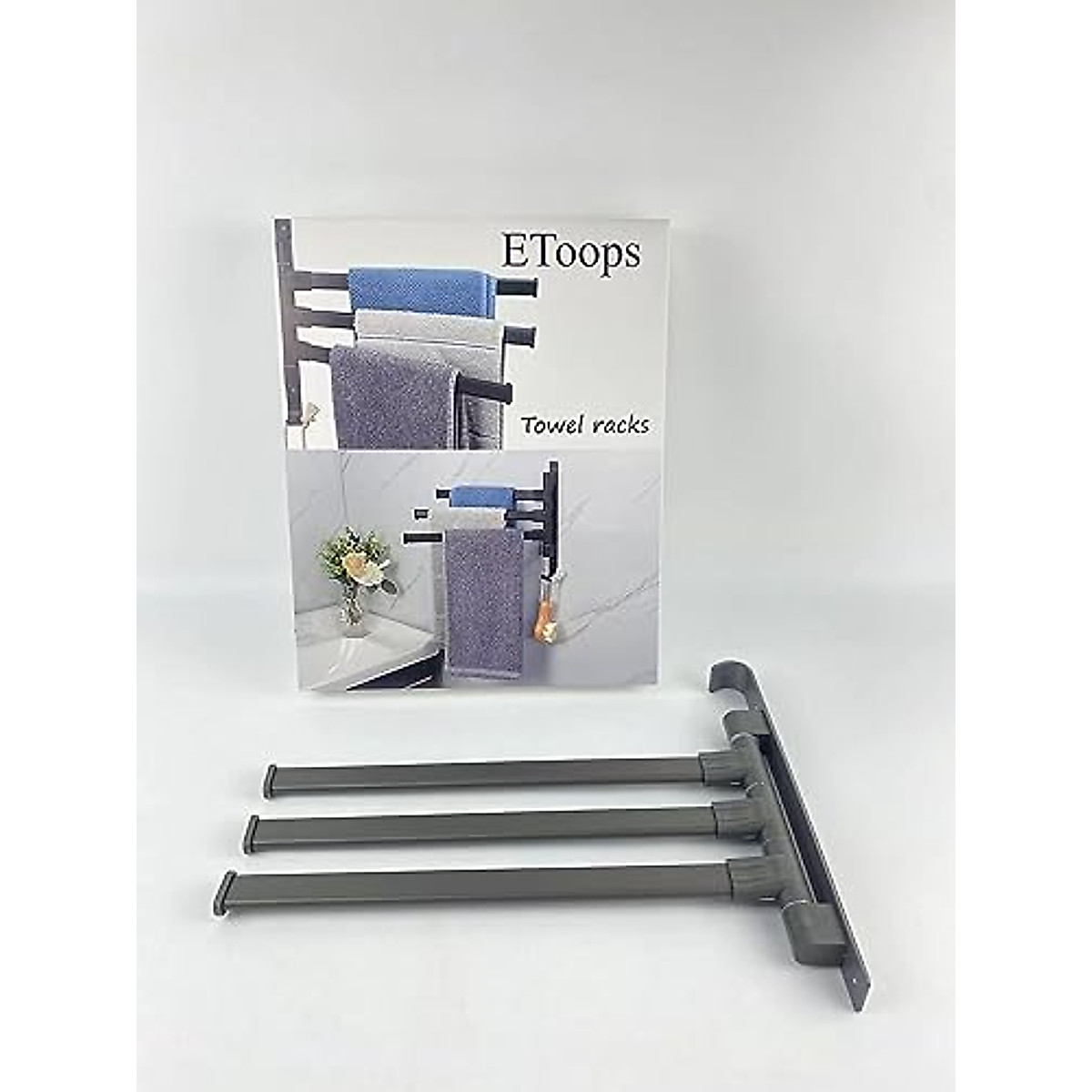 EToops Towel Racks, Swivel Towel Rack, Rustproof and Durable Space Saving Towel Hanger, Towel Bar Swing Out 180° Rotation, Wall Mounted/Glue Mounted Towel Rod with Hook for Bathroom, Kitchen