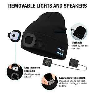 Bluetooth Beanie Hat with Light, Unique Tech Gifts for Men Husband Him Teen, Wireless Headphones for Fishing Jogging Working, Christmas Stocking Stuffers Black