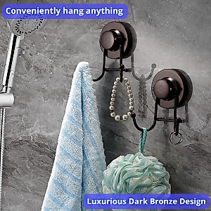 HOME SO Suction Cup Hooks for Shower, Bathroom, Kitchen, Glass Door, Mirror, Tile – Loofah, Towel, Coat, Bath Robe Hook Holder for Hanging up to 15 lbs – Rustproof Bronze Stainless Steel (2-Pack)