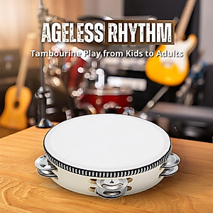 Flexzion Wood Handheld Tambourine Adults 6-Inch Double Row 8-Pair Jingles (Wood) - Percussion Round Tamborines Musical Instrument with Metal Zills