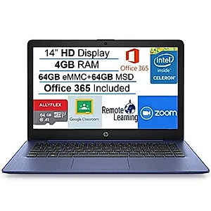 HP 2021 Newest Stream 14in HD SVA Laptop Computer, Intel Celeron N4000 Processor, 4GB RAM, 128GB Space(64GB eMMC+64GB MSD), Office 365, HDMI, Bluetooth, Windows 10, Blue, AllyFlex MP, Online Class