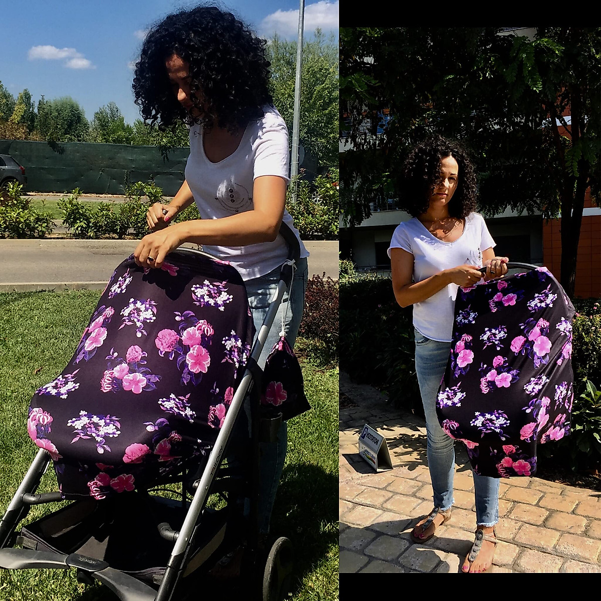 4 in 1 Car Seat Covers for Babies Girl, Nursing Cover Carseat Canopy, Soft and Stretchy Breastfeeding Scarf, Best Gift Set for Infant, Newborn - Floral Black Pink and Purple