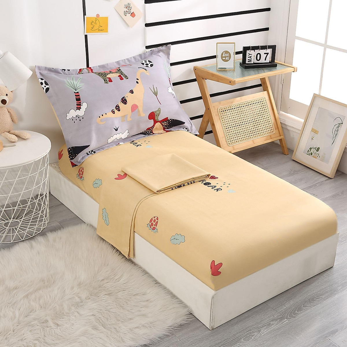 Wowelife Dinosaur Toddler Bedding Sets for Boys Grey Toddler Bed Sheets Sets Kids Toddler Comforter Set Soft Breathable with Quilted Comforter, Flat Sheet, Fitted Sheet and Pillowcase